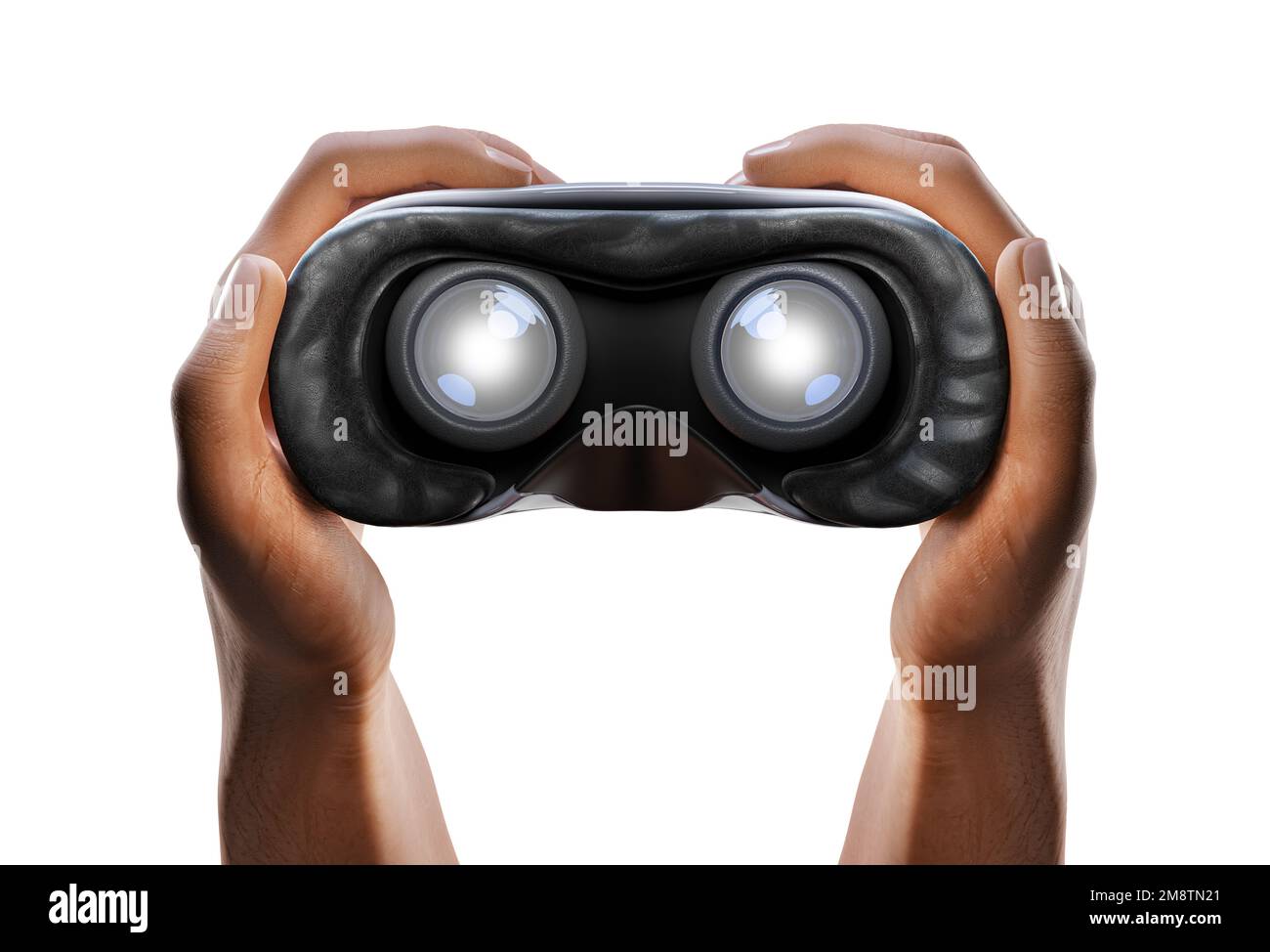 Vr goggles in hands and eye lenses with glossy effect - 3d illustration ...