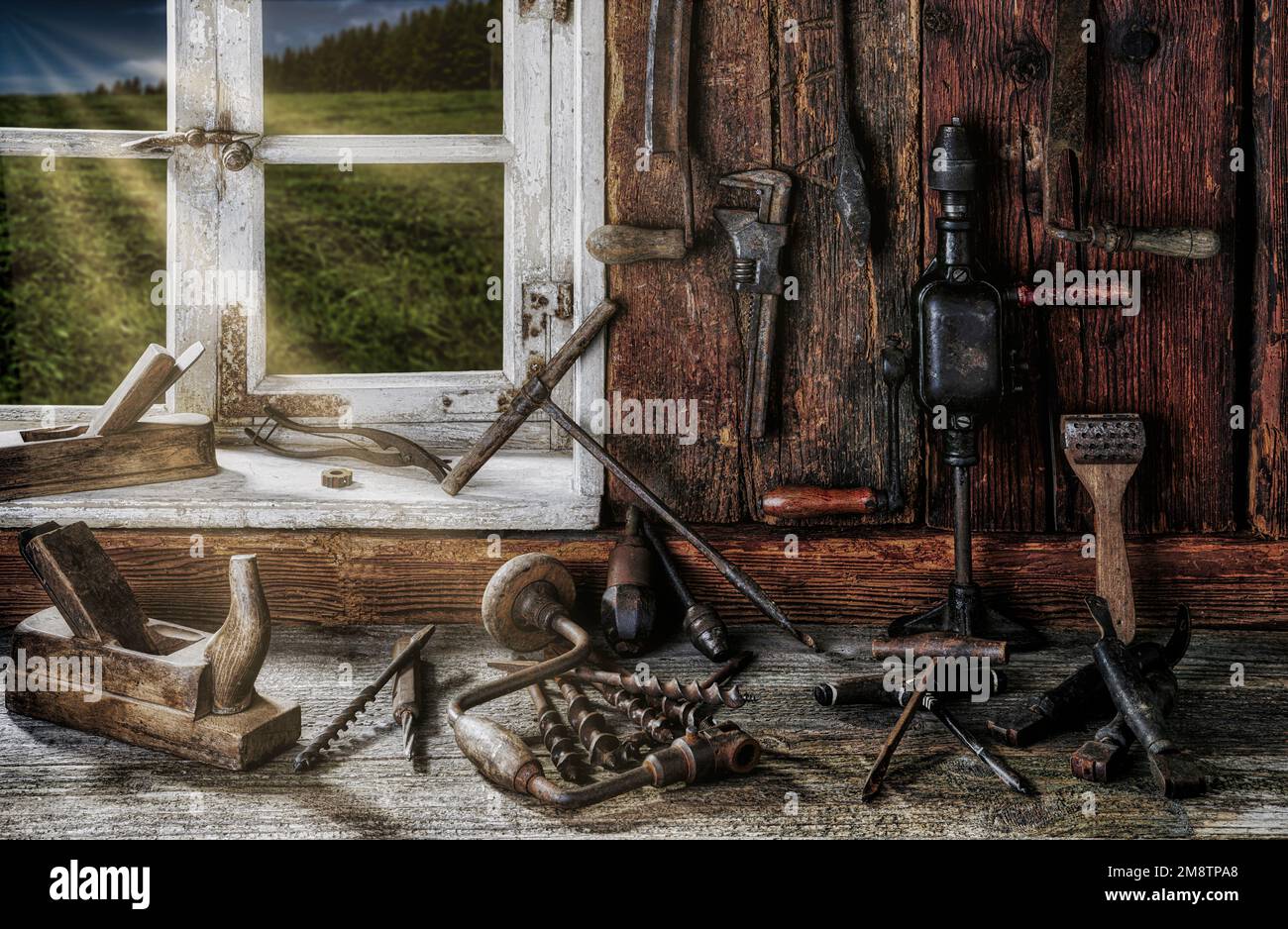 Workshop with tools and view from the window Stock Photo - Alamy
