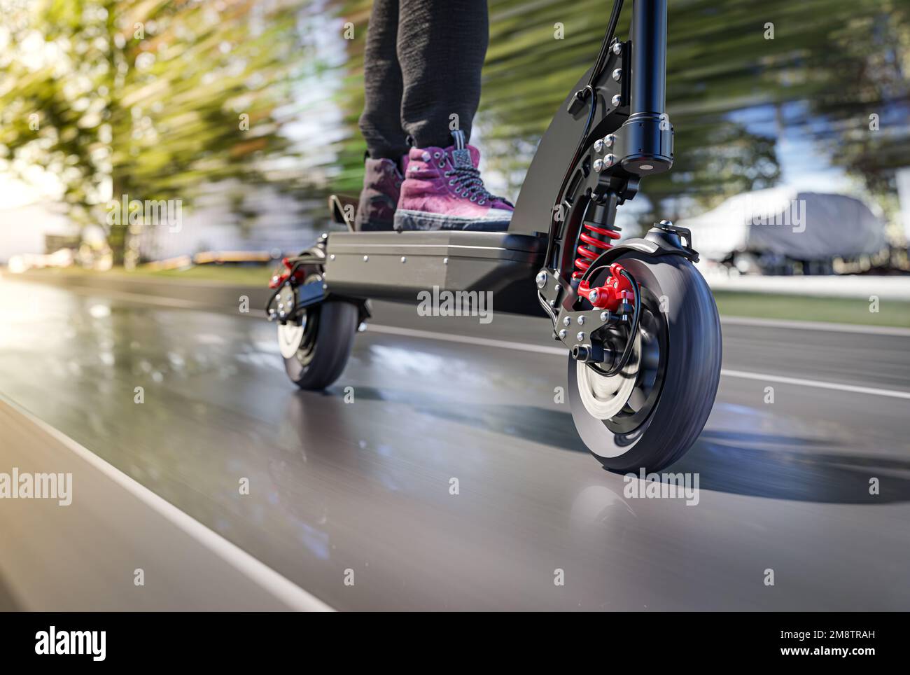 Electric scooter fast ride through the city - closeup to front wheel ...