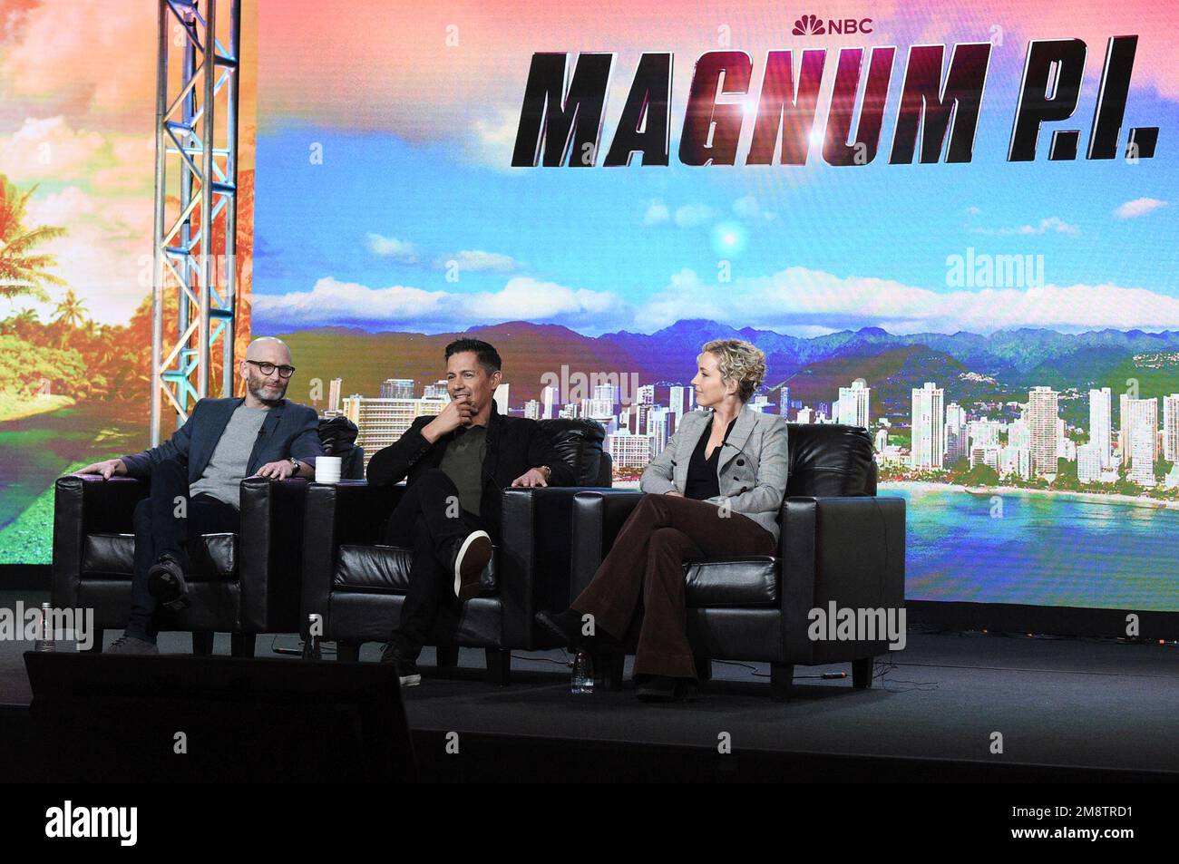 Eric Guggenheim, from left, Jay Hernandez and Perdita Weeks participate ...