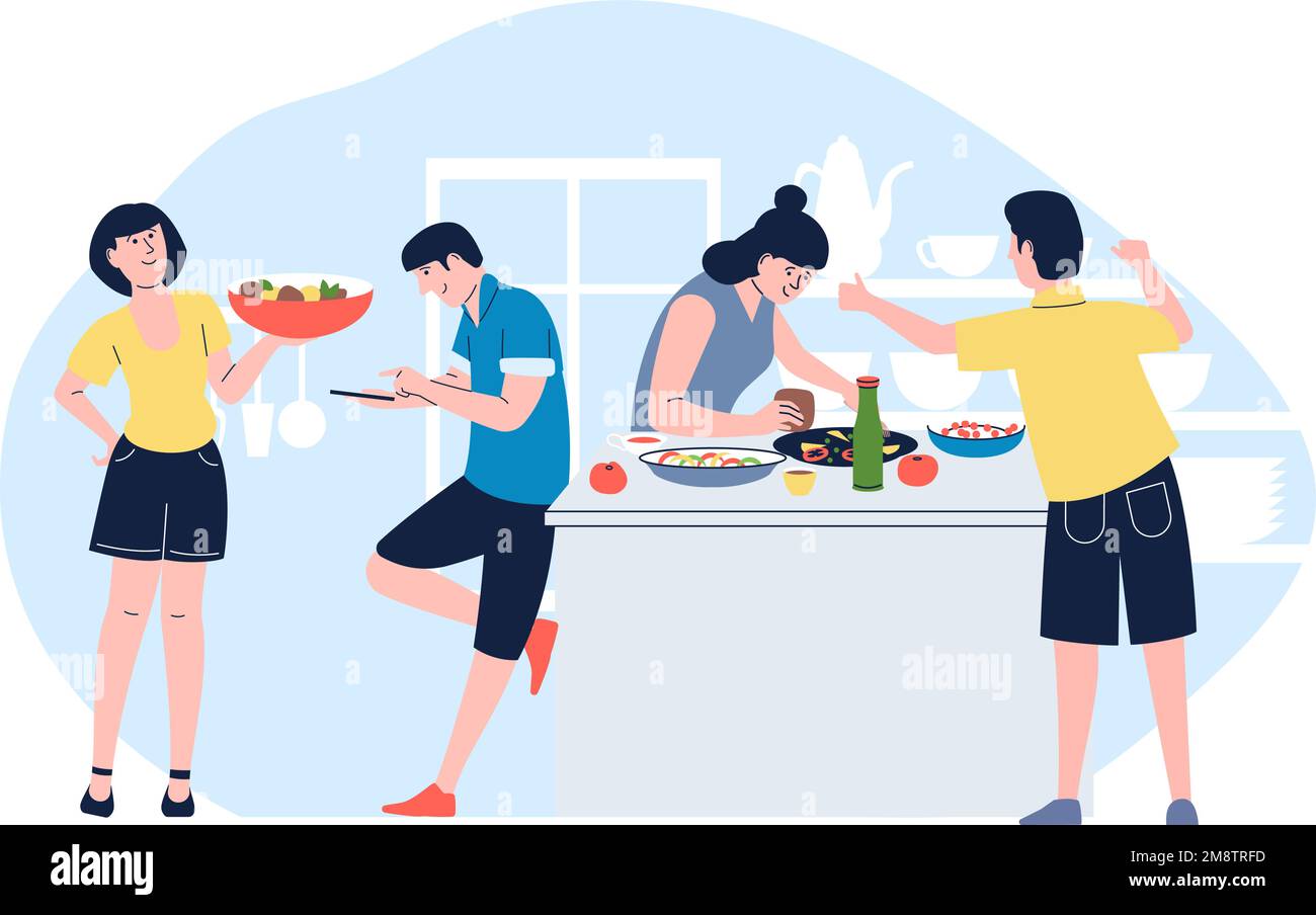 Friends cooking together. Happy weekend, family on kitchen cook dinner ...