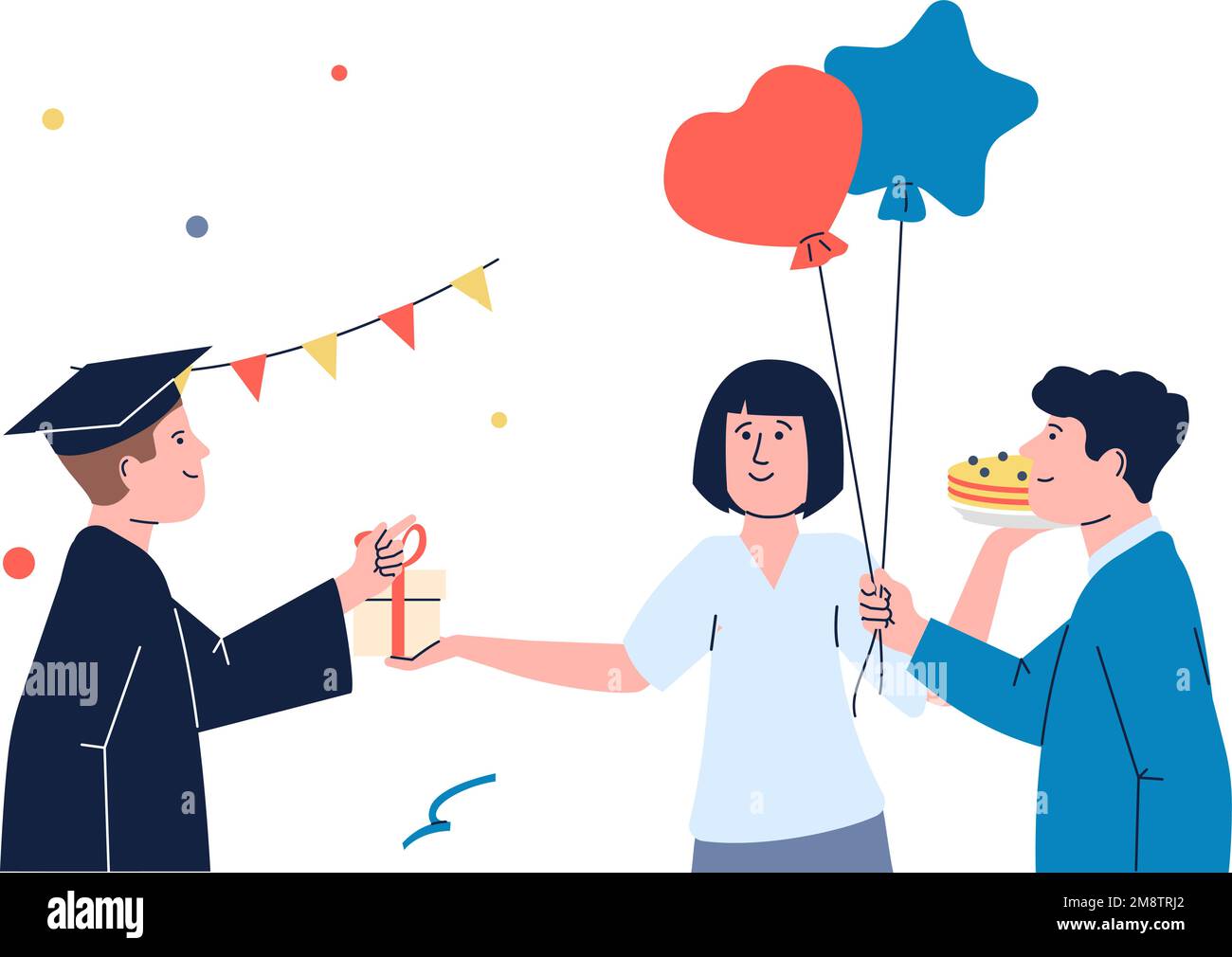 Parents congrats graduate with balloons, cake and gift. Happy student ...