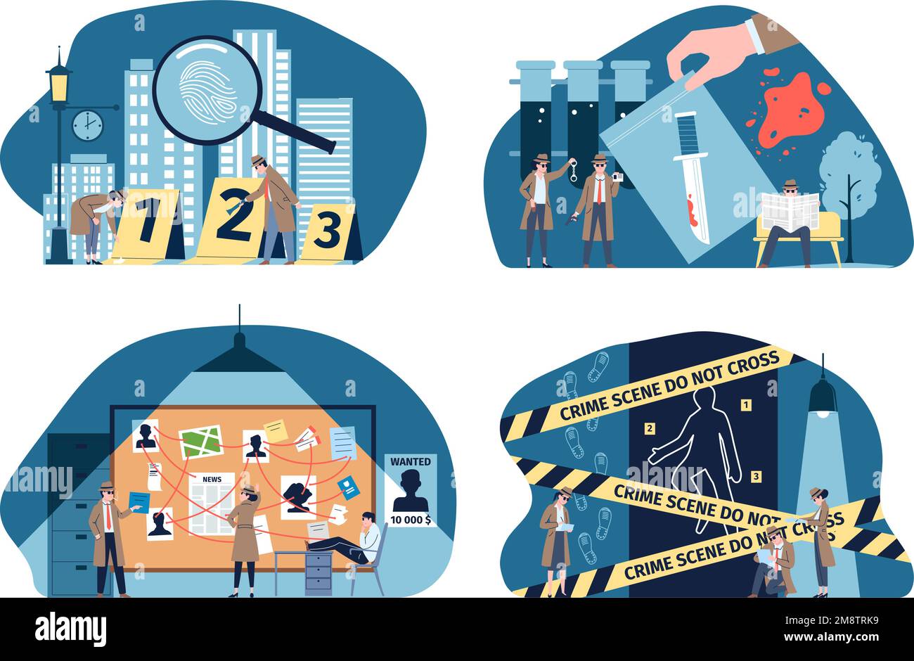 Detective investigation flat scenes. Crime mysterious space, detectives looking evidence. Police ...