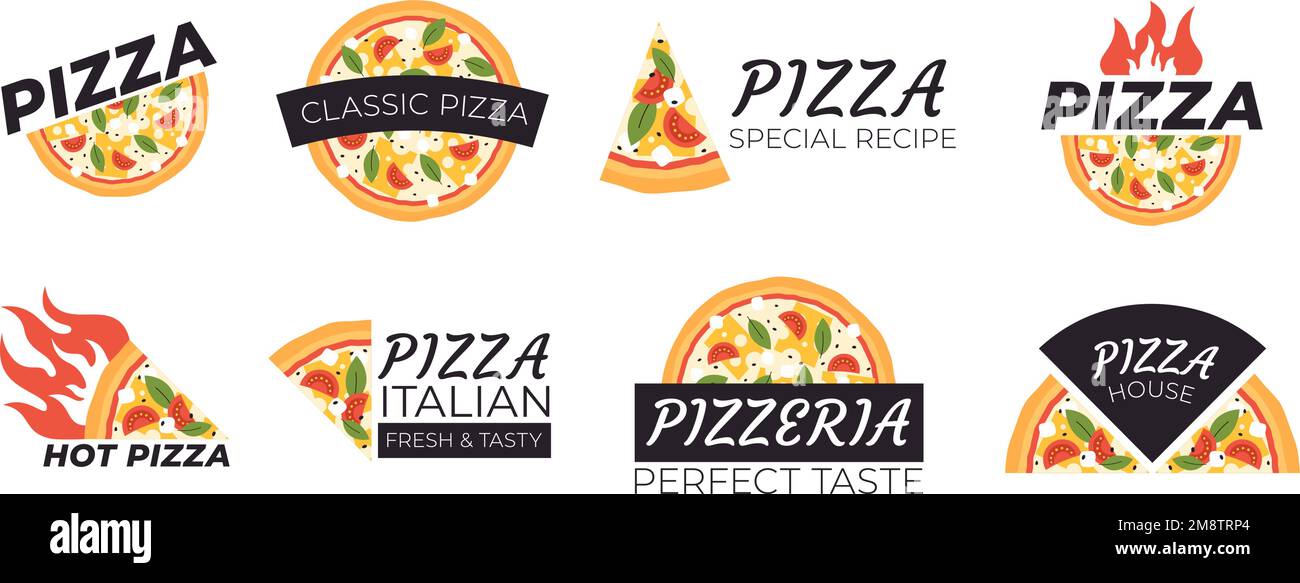 Pizza logo set. Italian pizza slices for dinner. Pizzeria stickers ...