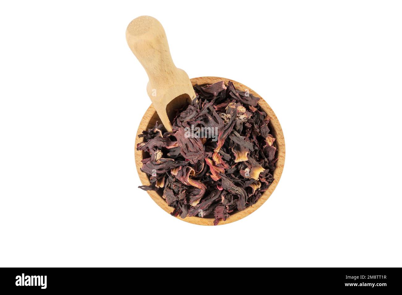 Dry hibiscus tea in wooden bowl and scoop isolated on white background. herb. herbal tea. food ...