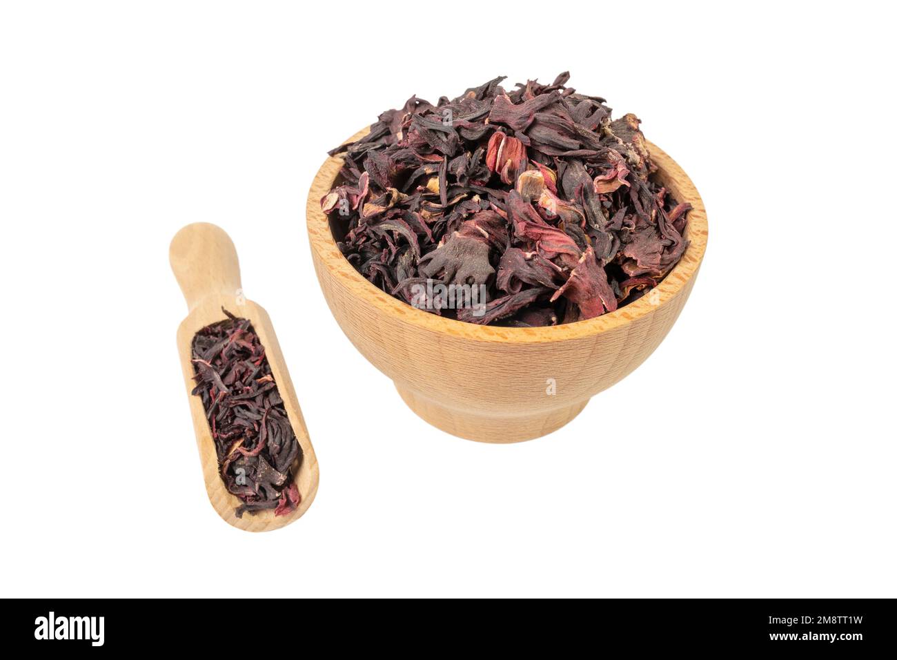 Dry hibiscus tea in wooden bowl and scoop isolated on white background. herb. herbal tea. food ...