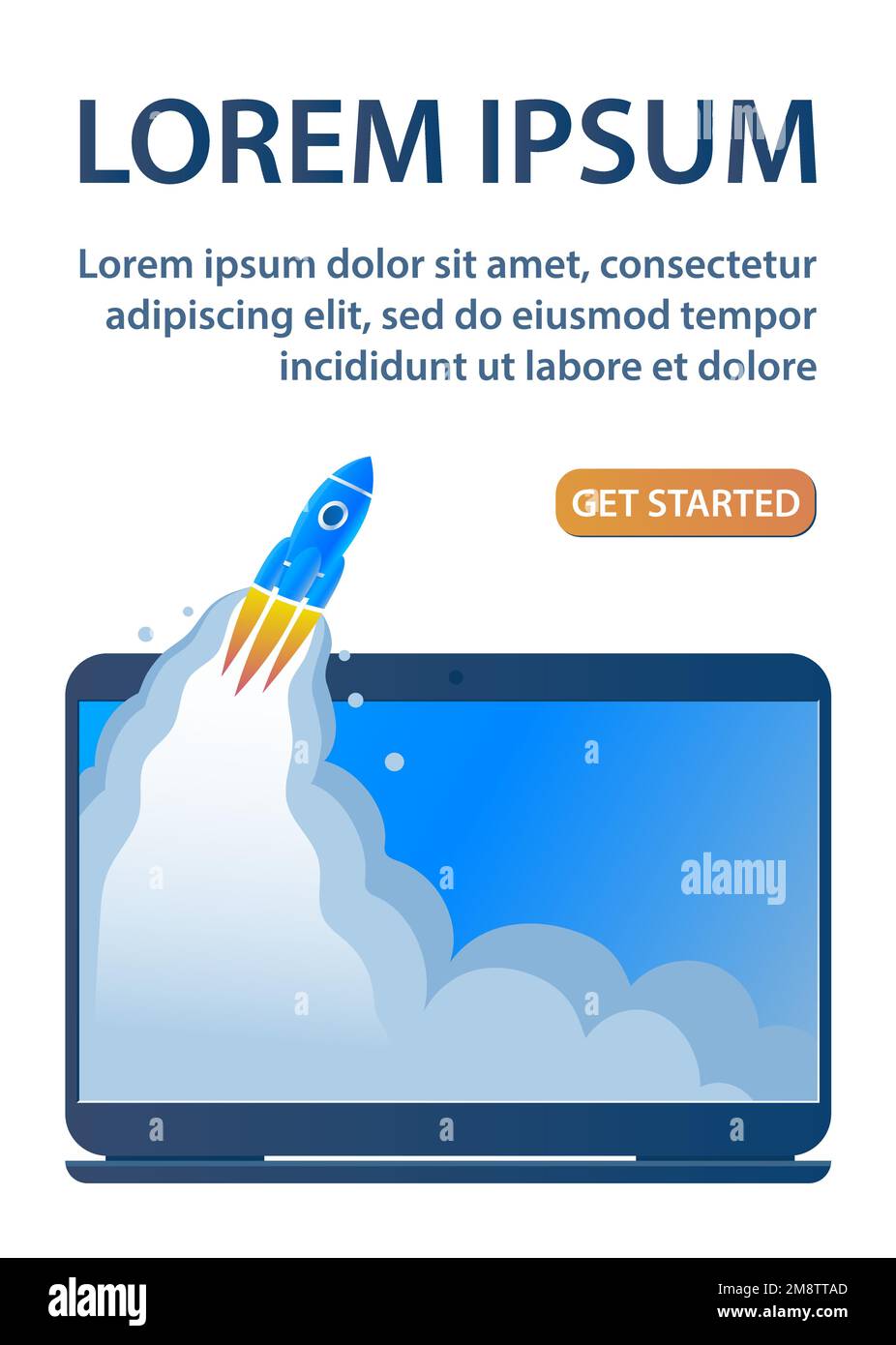 Space rocket flies out of the laptop screen. The concept of start ...