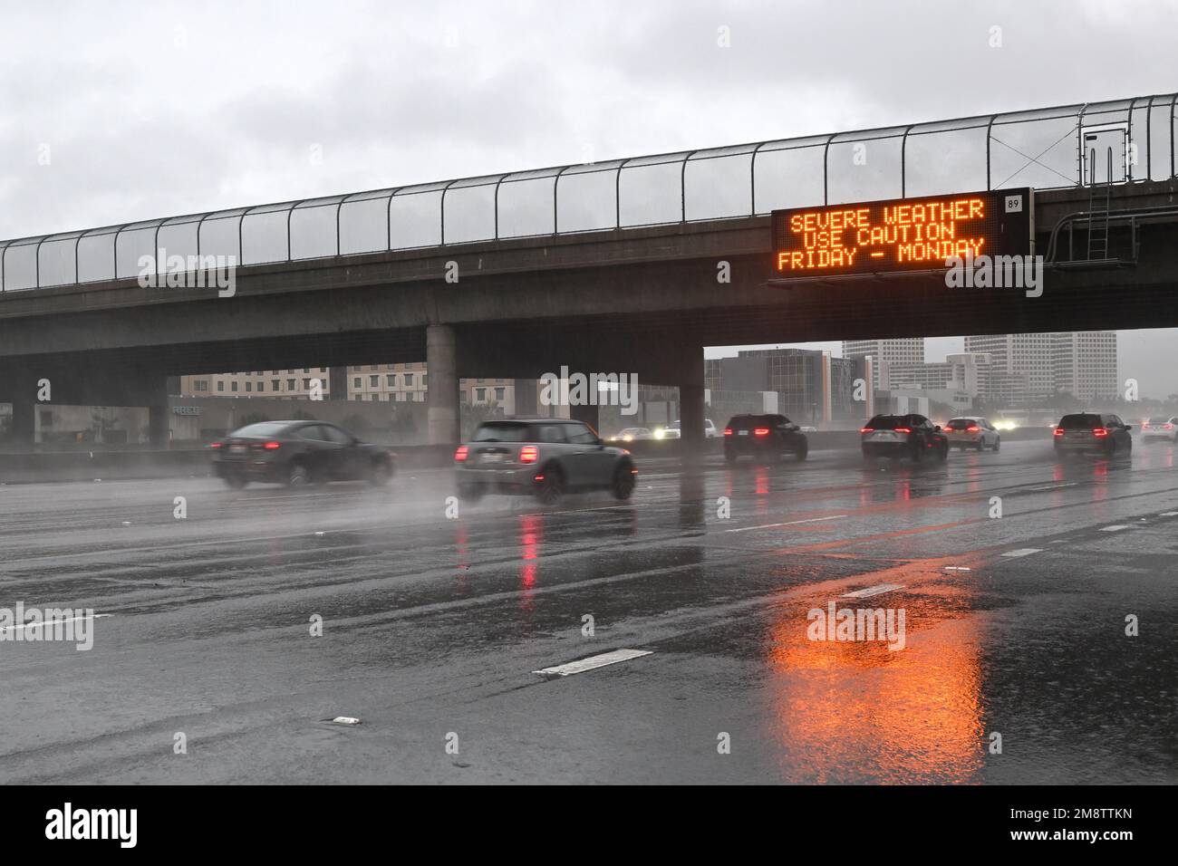 Orange County California, USA. 14th Jan 2023. A Caltrans sign warns ...