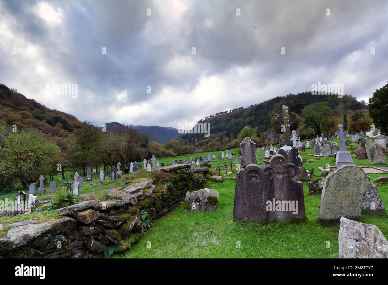Medieval cemetery of the Glendalough monastery in the Wicklow mountains ...
