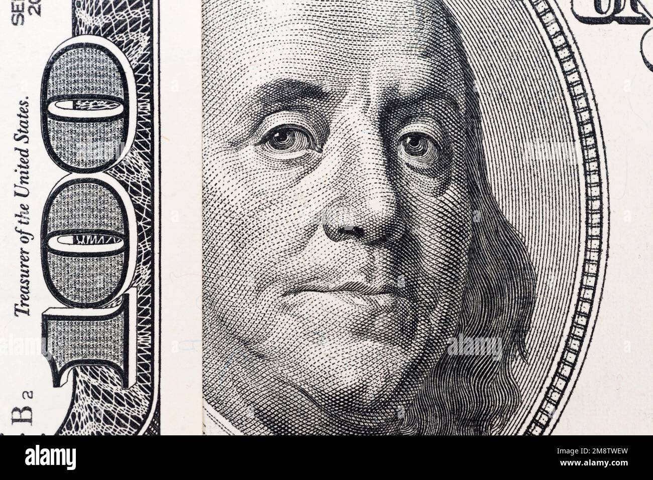 The face of Benjamin Franklin on the hundred dollar banknote ...