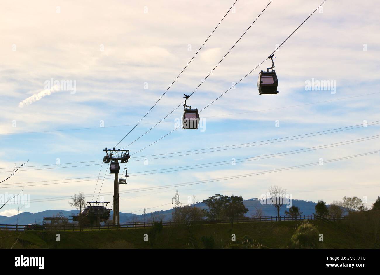 Empty cable cars on a windy day Cabarceno Natural Park Penagos ...