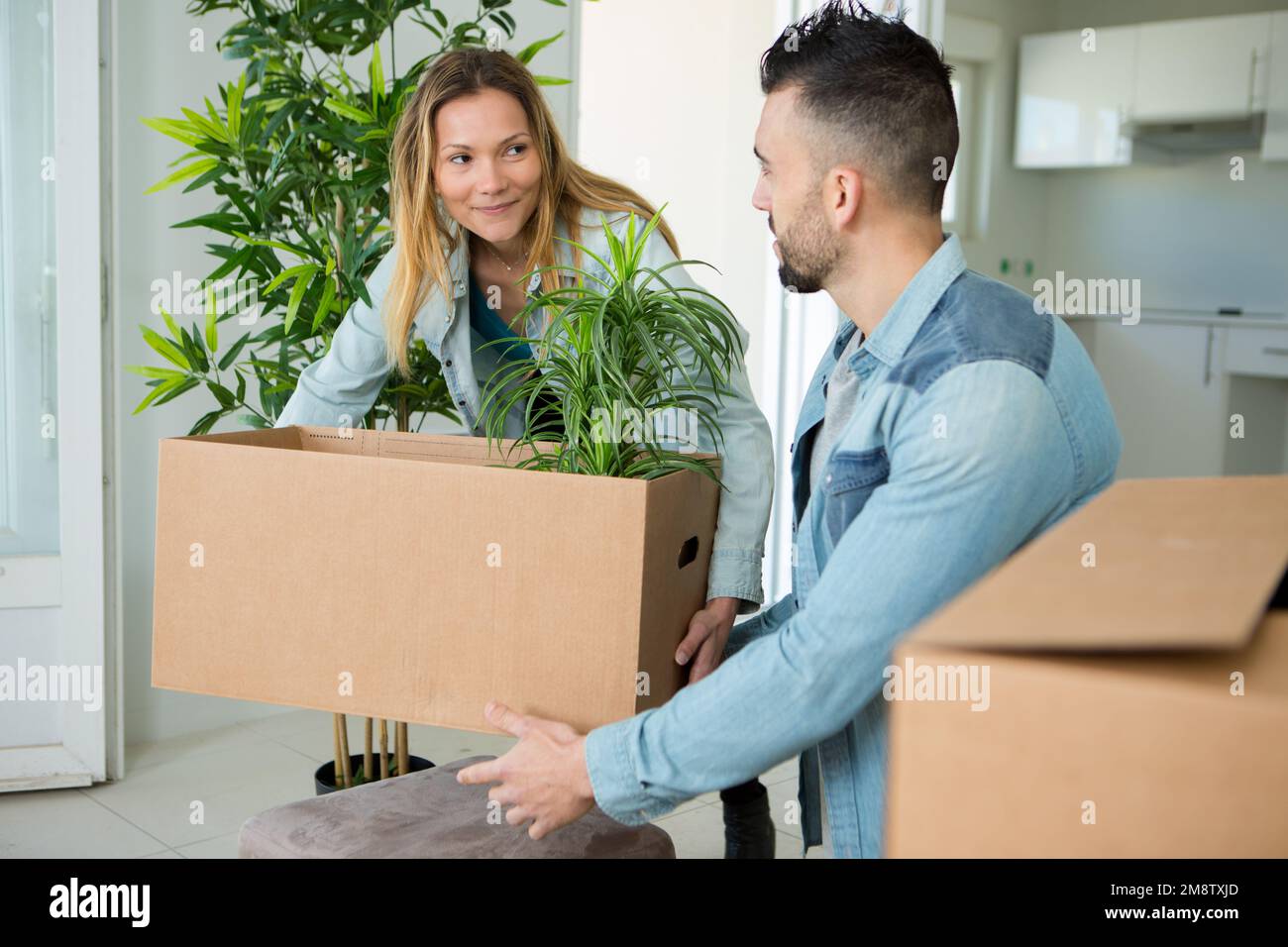 portrait of smiling couple unloading boxes Stock Photo - Alamy