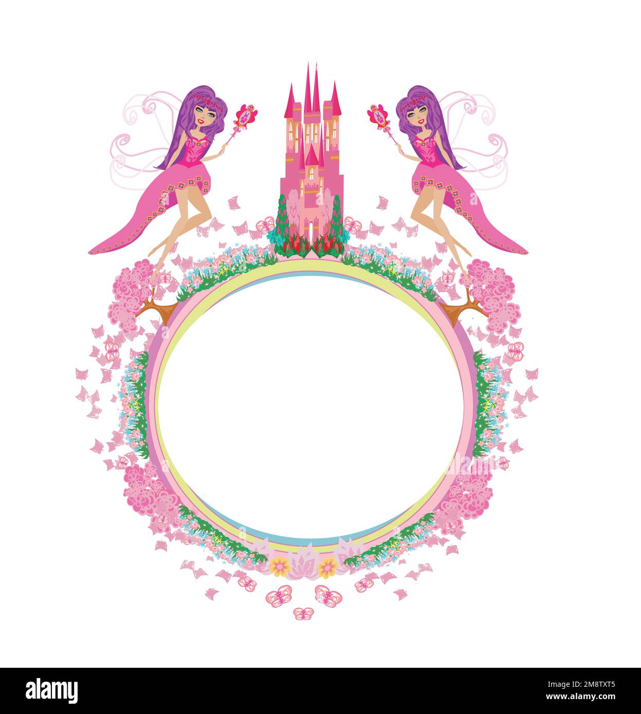 Fairytale frame with beautiful fairies, castle and garden Stock Vector ...