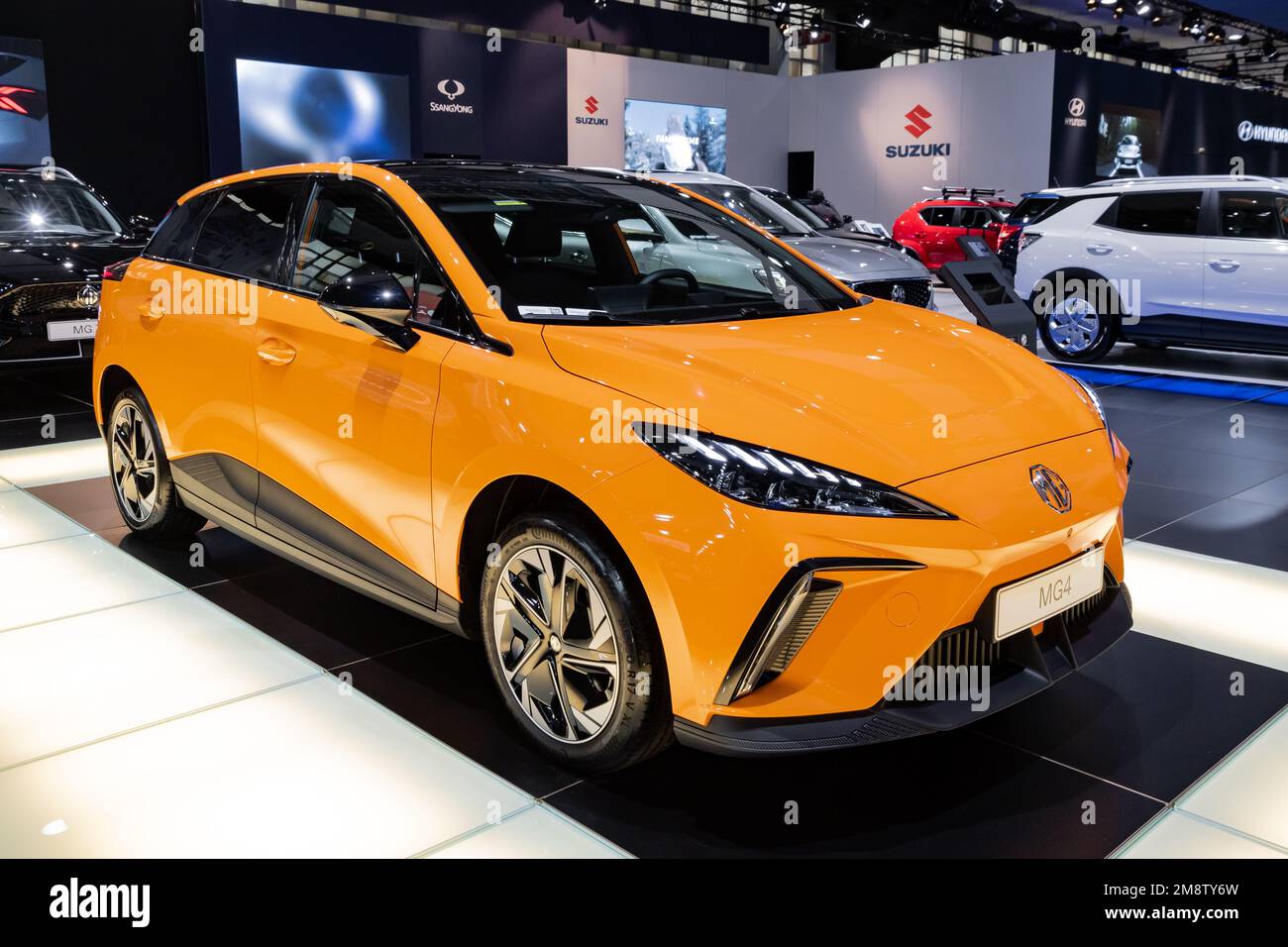 New MG MG4 electric vehicle showcased at the Brussels Autosalon European Motor Show. Brussels ...