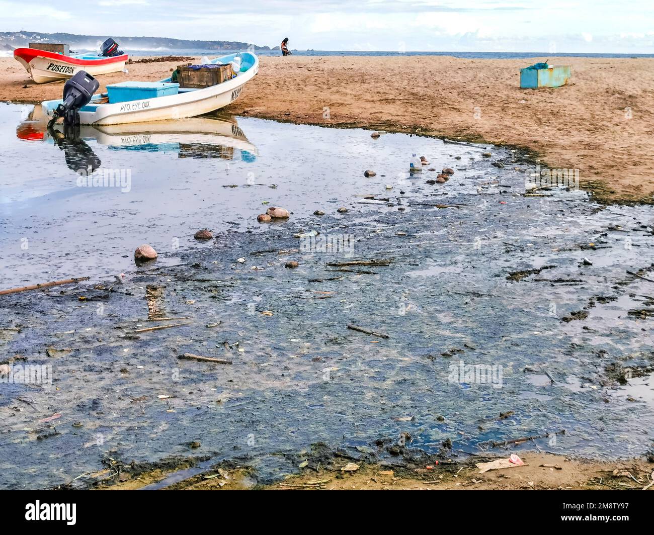 Dirty green polluted and garbage river in Zicatela Puerto Escondido ...
