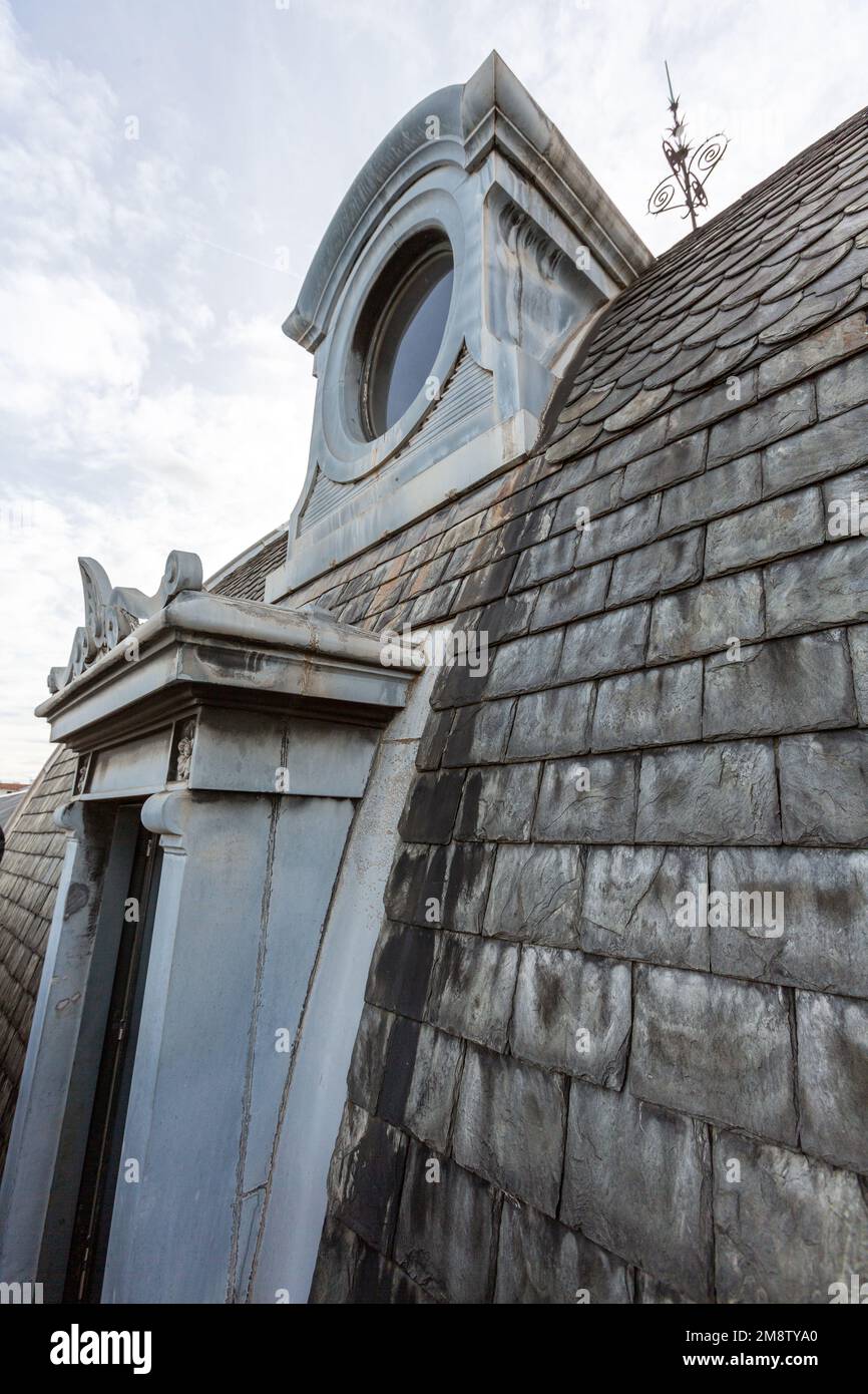 Slate roof and attic dormer windows in of Biblioteca Nacional de España ...