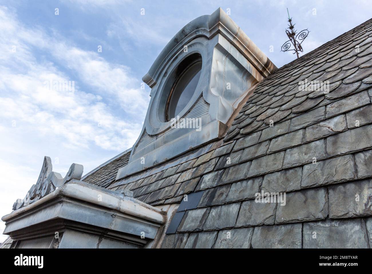 Slate roof and attic dormer windows in of Biblioteca Nacional de España ...