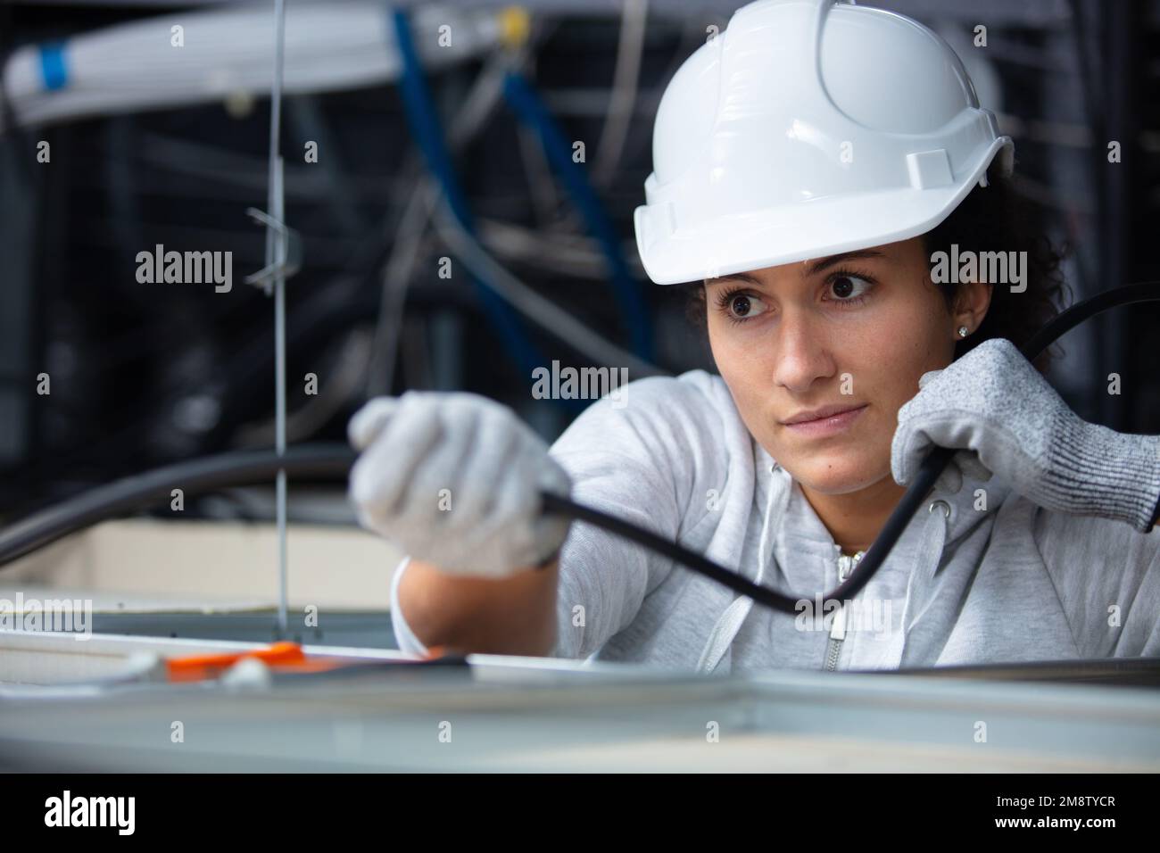 female electrician fixing ceiling wiring Stock Photo - Alamy