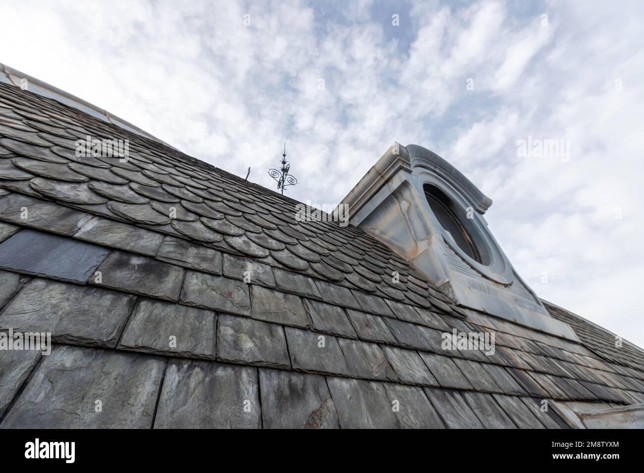 Slate roof and attic dormer windows in of Biblioteca Nacional de España ...