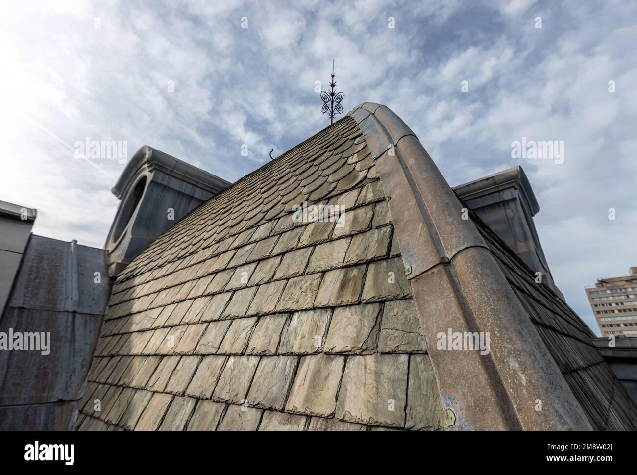 Slate roof and attic dormer windows in of Biblioteca Nacional de España ...