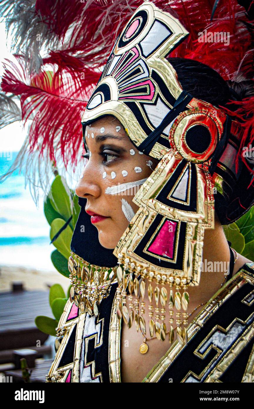 Faces of Mexico: Young Woman Wears Ceremonial Garb in Cancun Stock ...