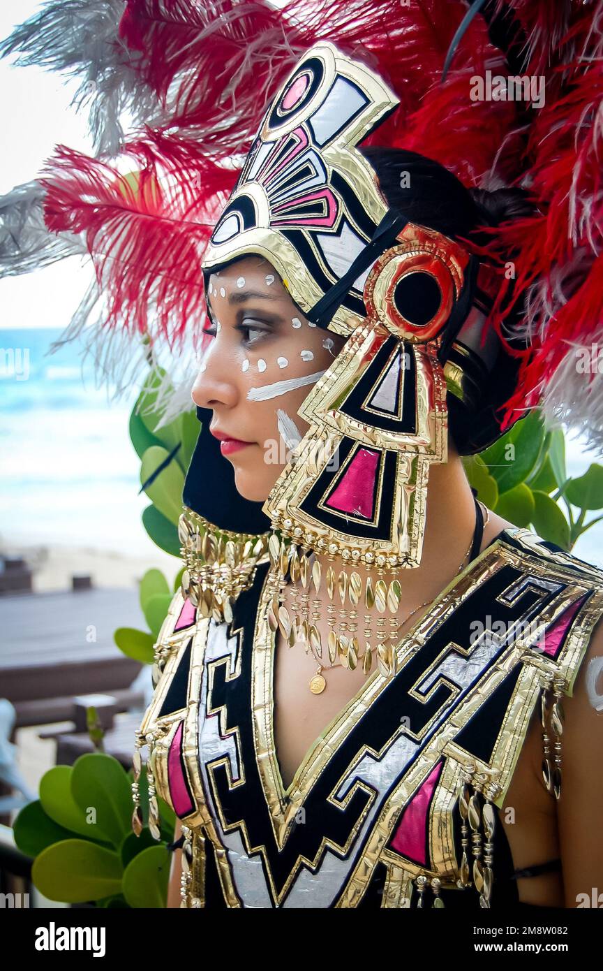 Faces of Mexico: Young Woman Wears Ceremonial Garb in Cancun Stock ...