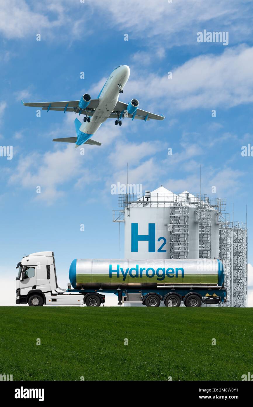 Airplane and truck with hydrogen tank trailer on the background of gas ...