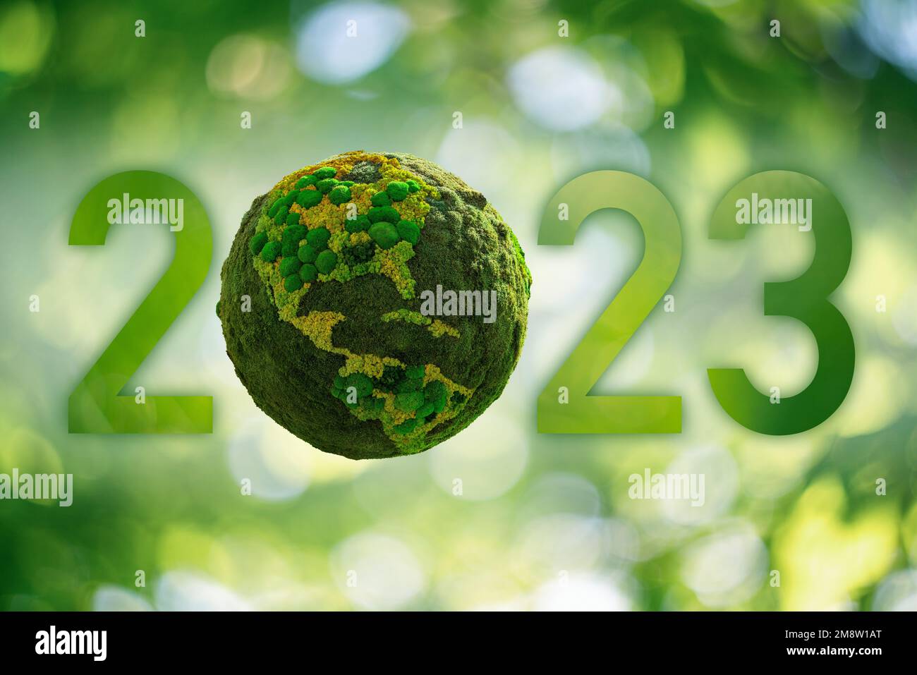 Numbers 2023 with green planet. A symbol of sustainable development and ...