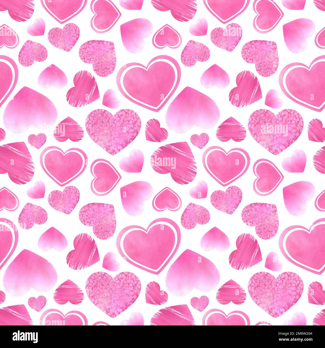 Bright pink hearts of different textures on a white background ...