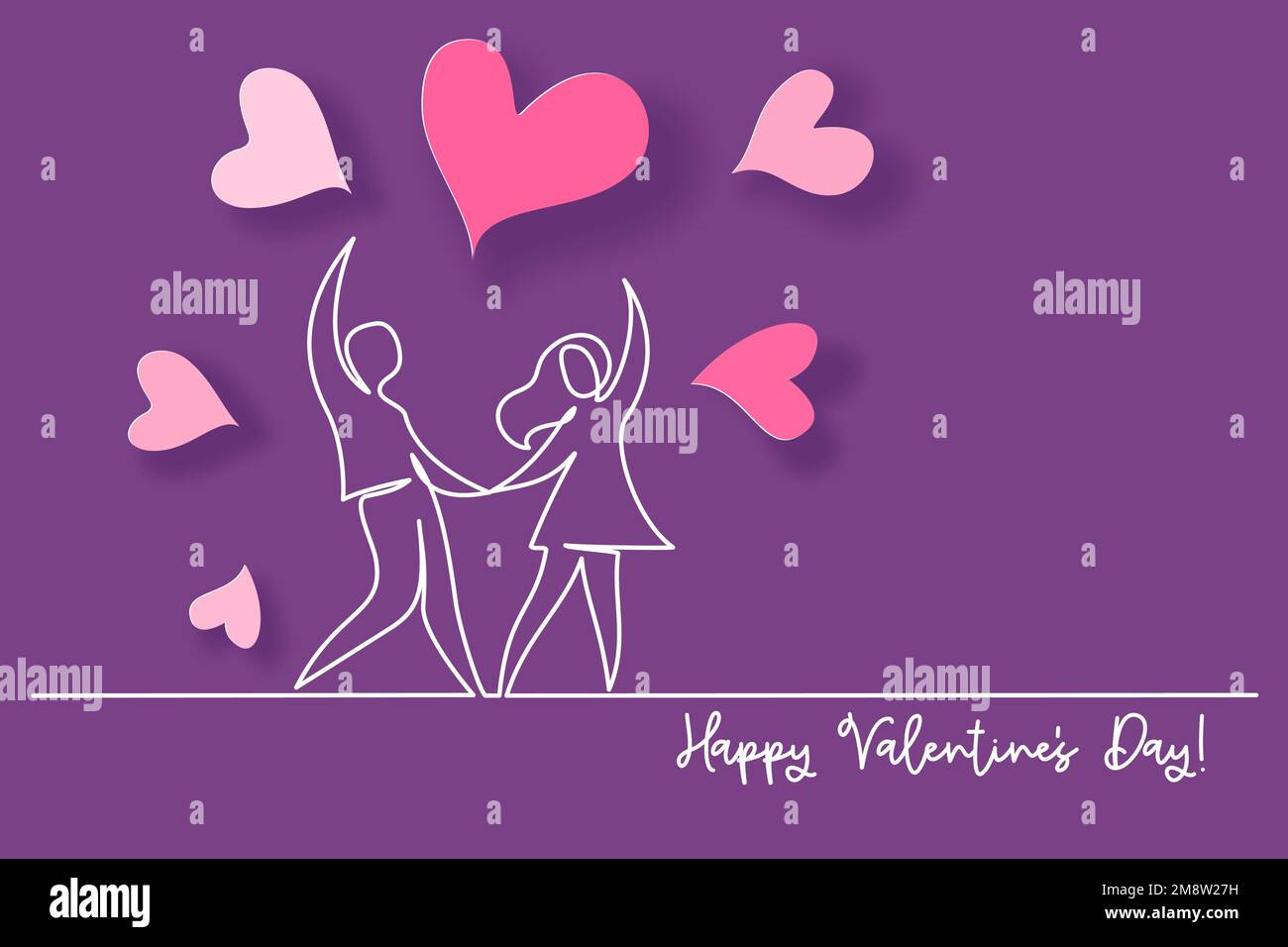 Valentines Day Card Happy Couple Woman And Man Dancing With Hearts
