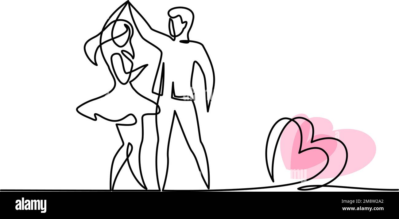Valentines Day Card Happy Couple Woman And Man Dancing Continuous One