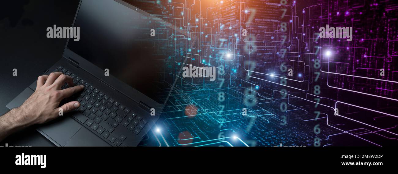 Big data technology background. Using a laptop against the background ...