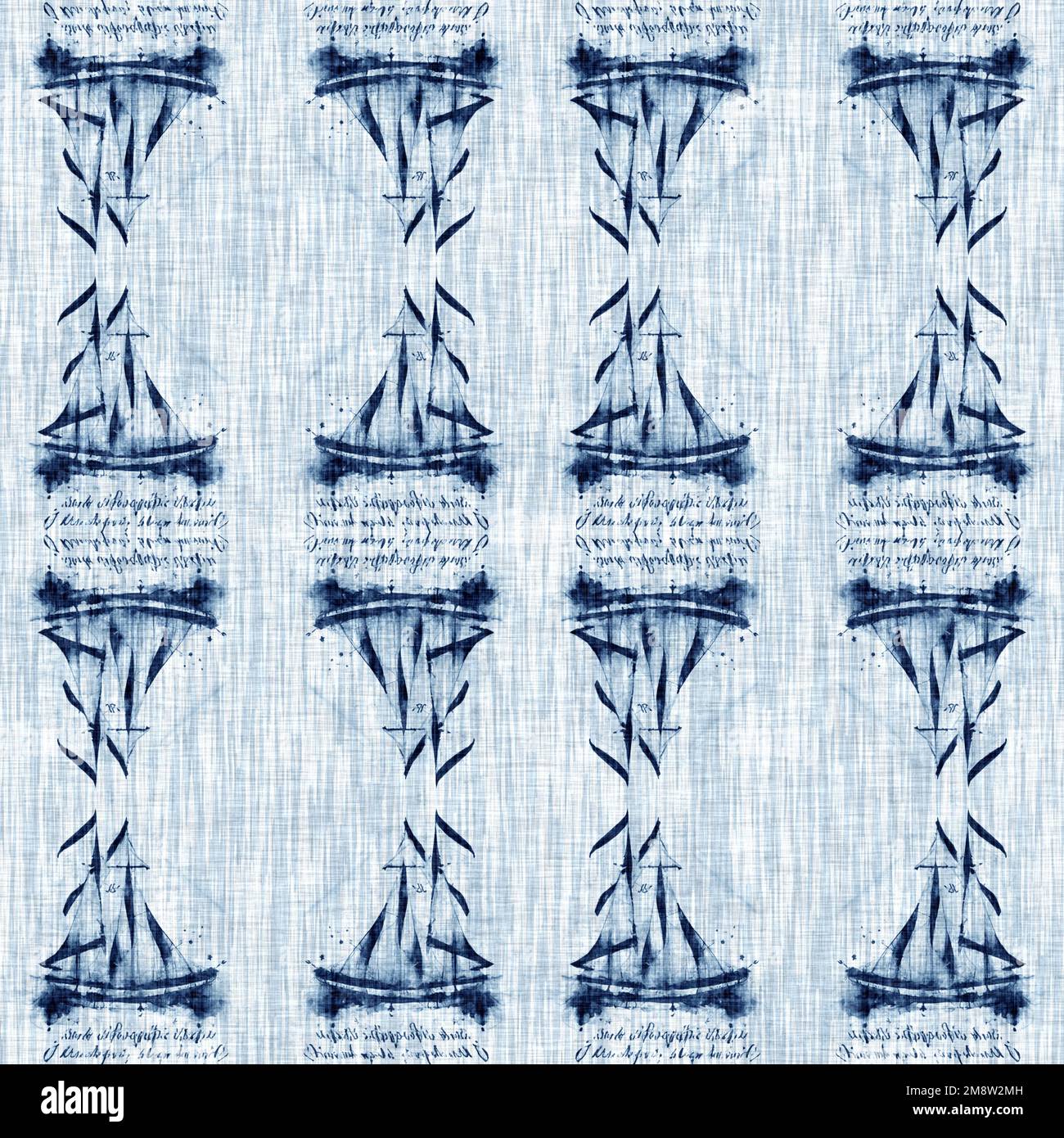Indigo Dye Wash Coastal Damask Quilt Seamless Pattern. Washed out ...