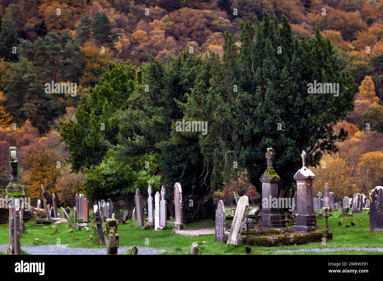 Medieval cemetery of the Glendalough monastery in the Wicklow mountains ...