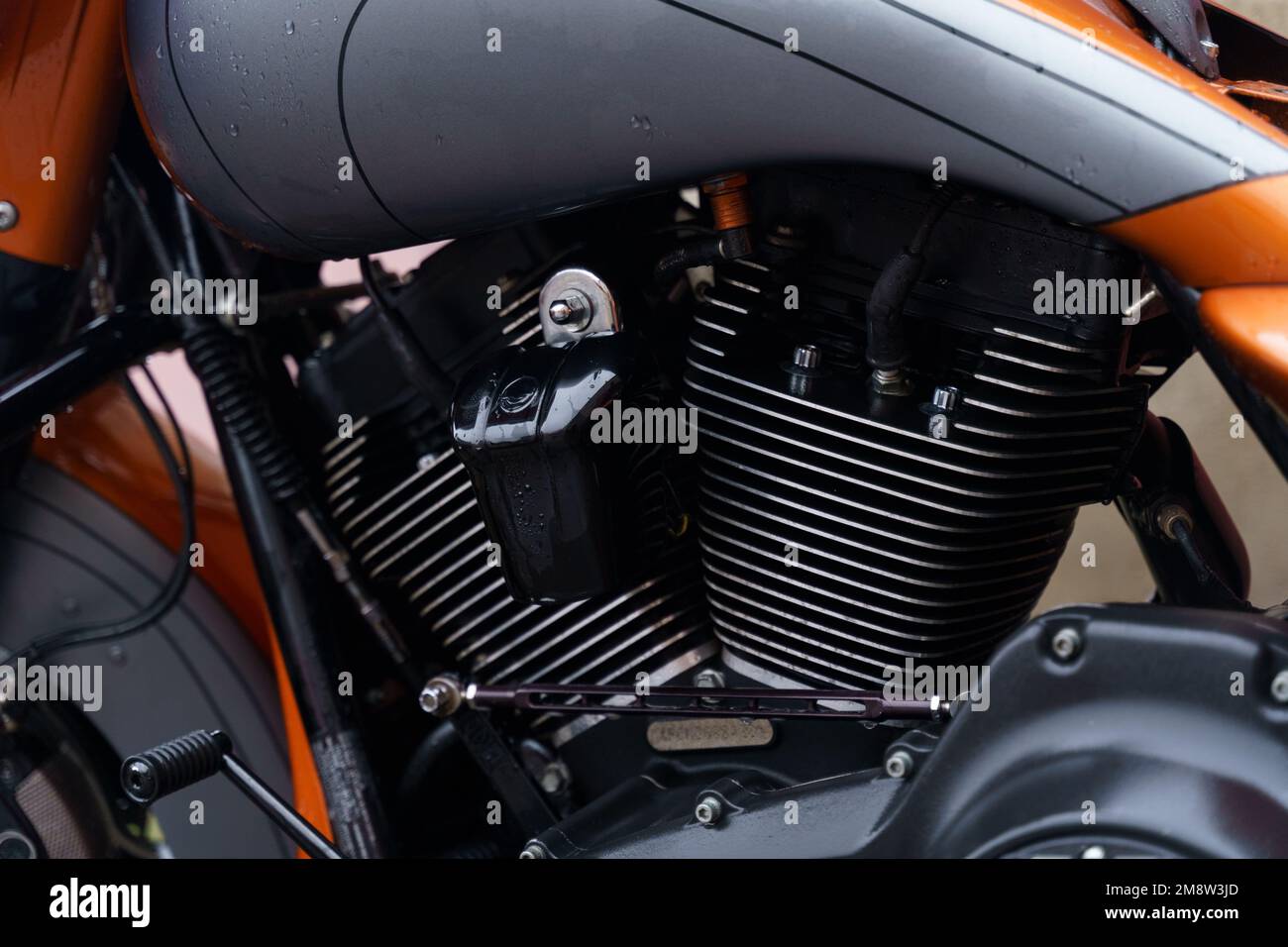 Shiny black motorcycle engine and gearbox block. Close-up Stock Photo ...