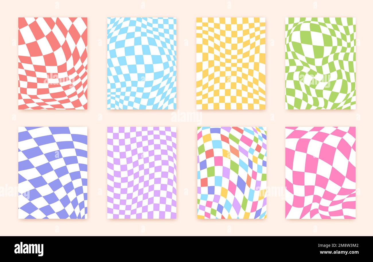 Distorted checkered posters. Patterns distortion grooved wavy squares ...