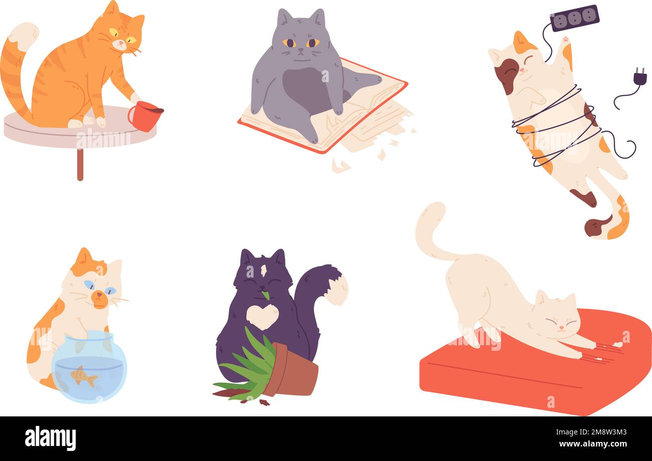 Naughty cats. Cartoon cat bad behaviour, guilty kitten scratching ...