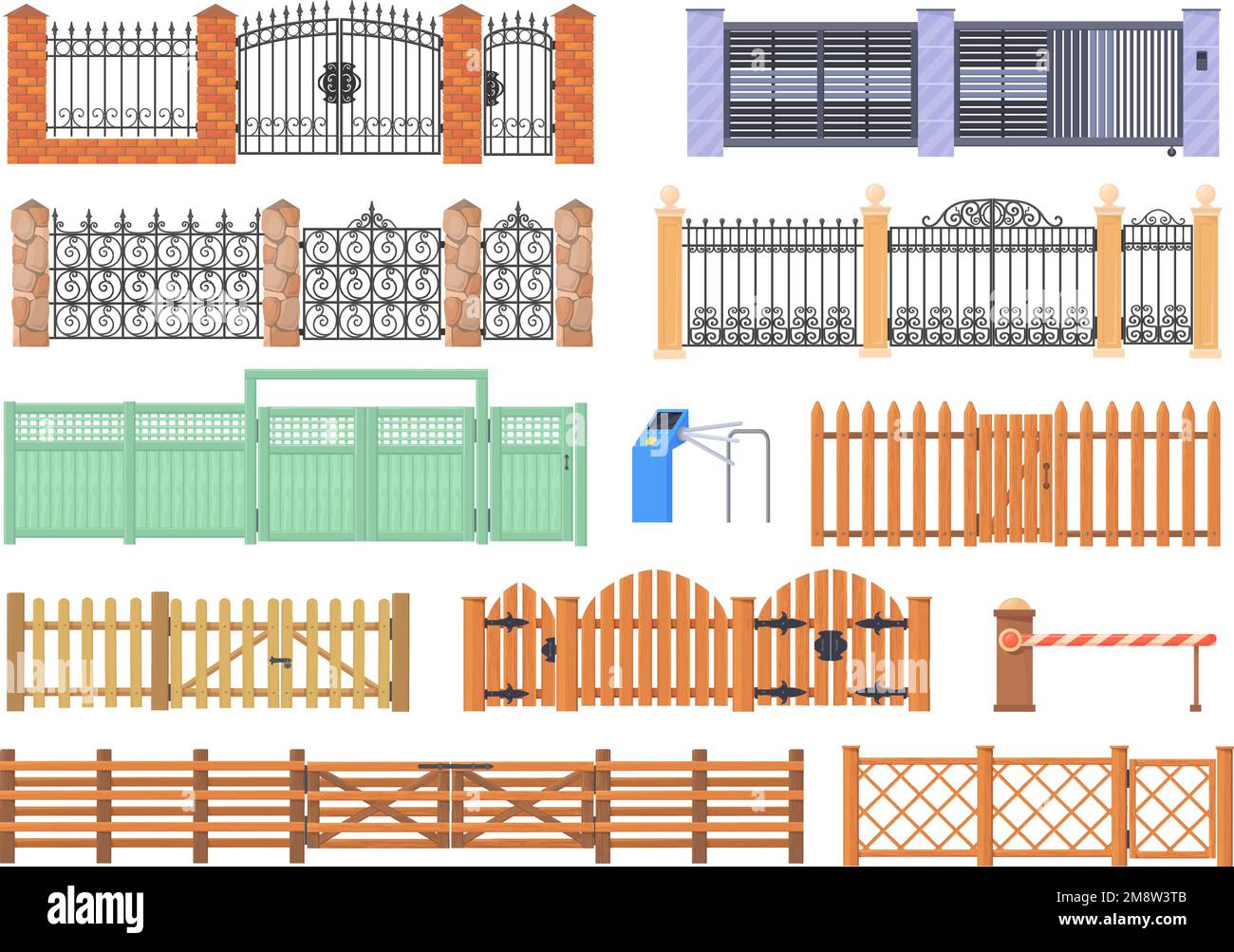Cartoon gates and fences. Rural garden house gate of wood steel stone ...