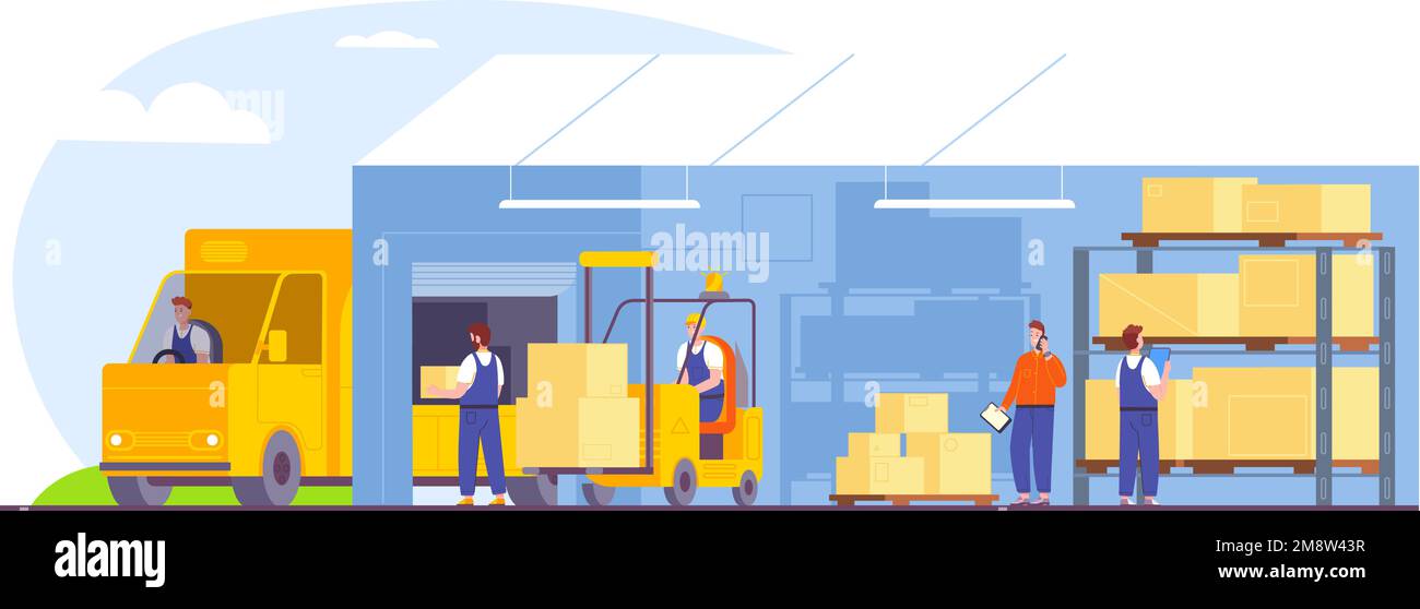 Forklift loading pallet in truck. Warehouse loading power lift driver ...