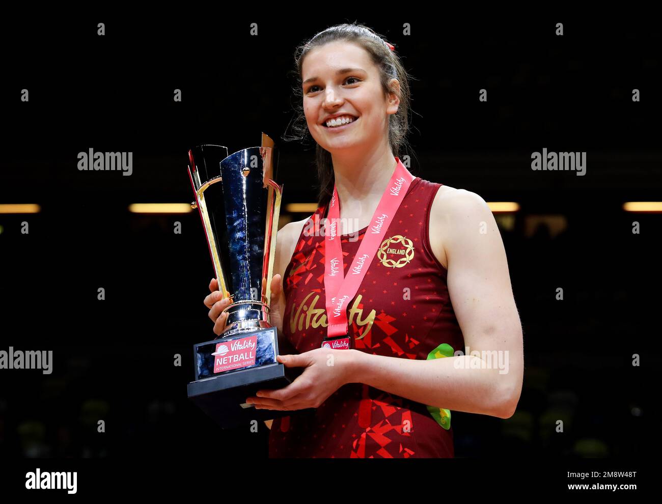 England’s Sophie Drakeford-Lewis poses with their trophy after winning ...