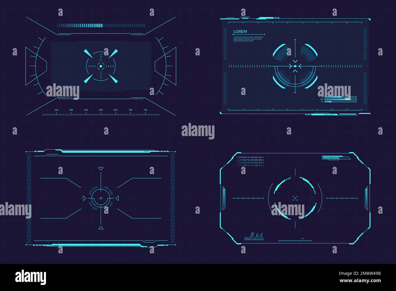 Hud target screens. Targeting focusing screen sci fi monitor, crosshair in helmet eye square ...
