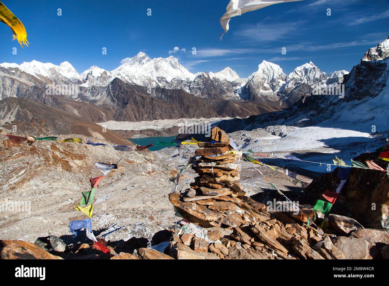 view of Mount Everest, Lhotse and Makalu with buddhist prayer flags, Mount Everest seen from ...