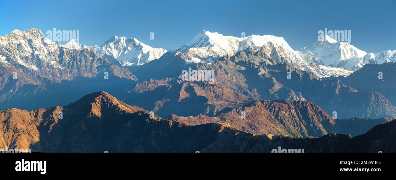 Morning panoramic view from Silijung hill of mounts Everest Lhotse and ...