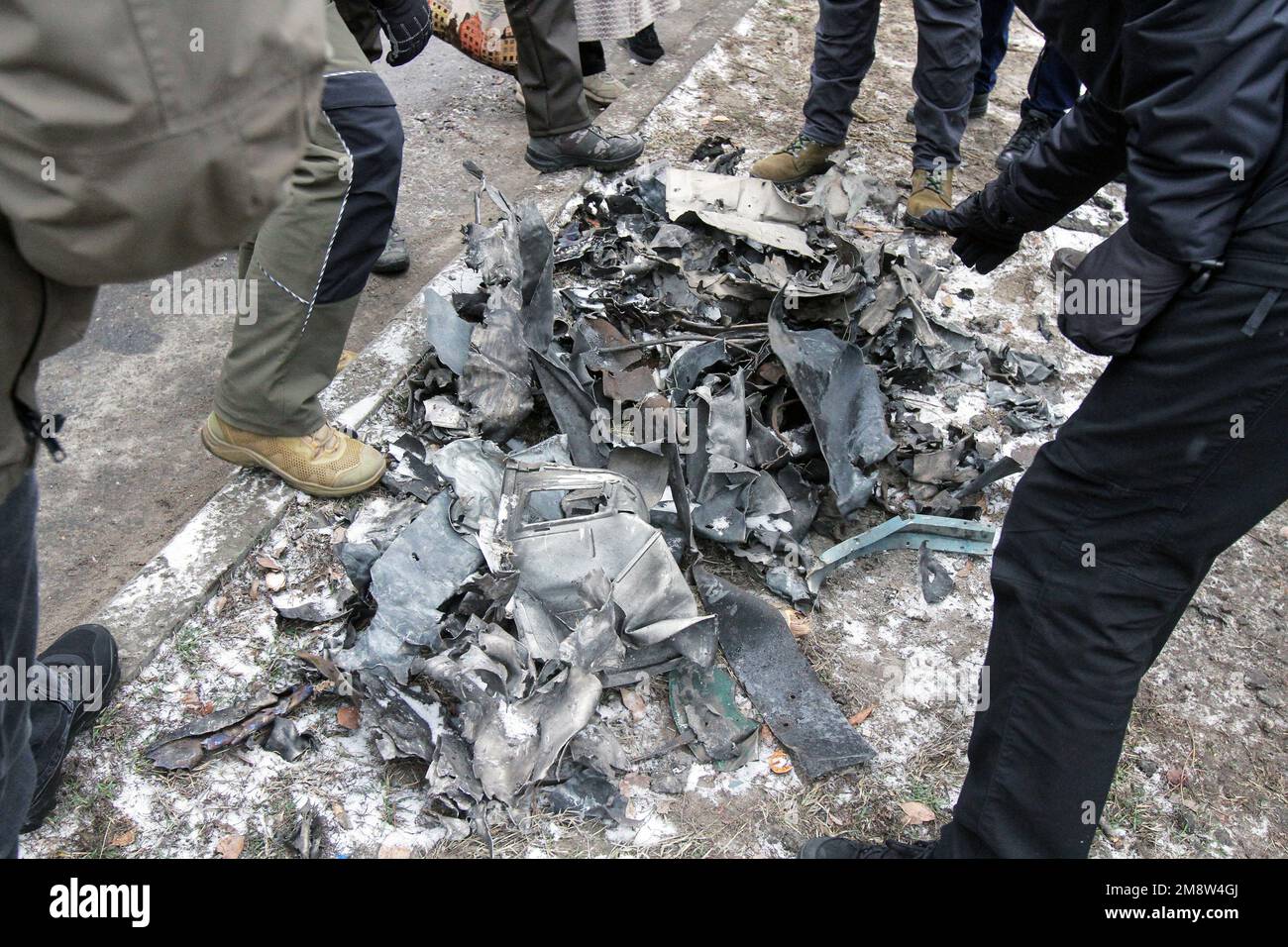 DNIPRO, UKRAINE - JANUARY 15, 2023 - The fragments of a rocket launched ...