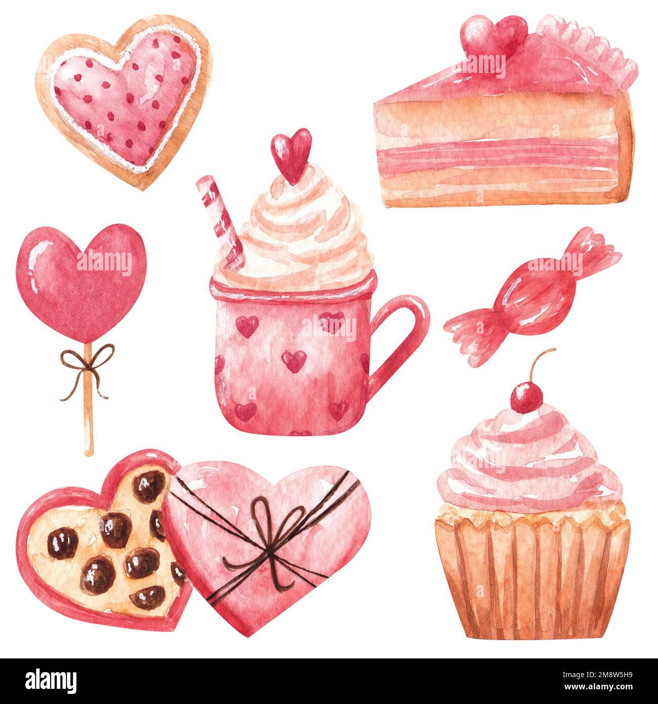 Hand drawn watercolor sweets as chocolate candies, cake, cupcake ...