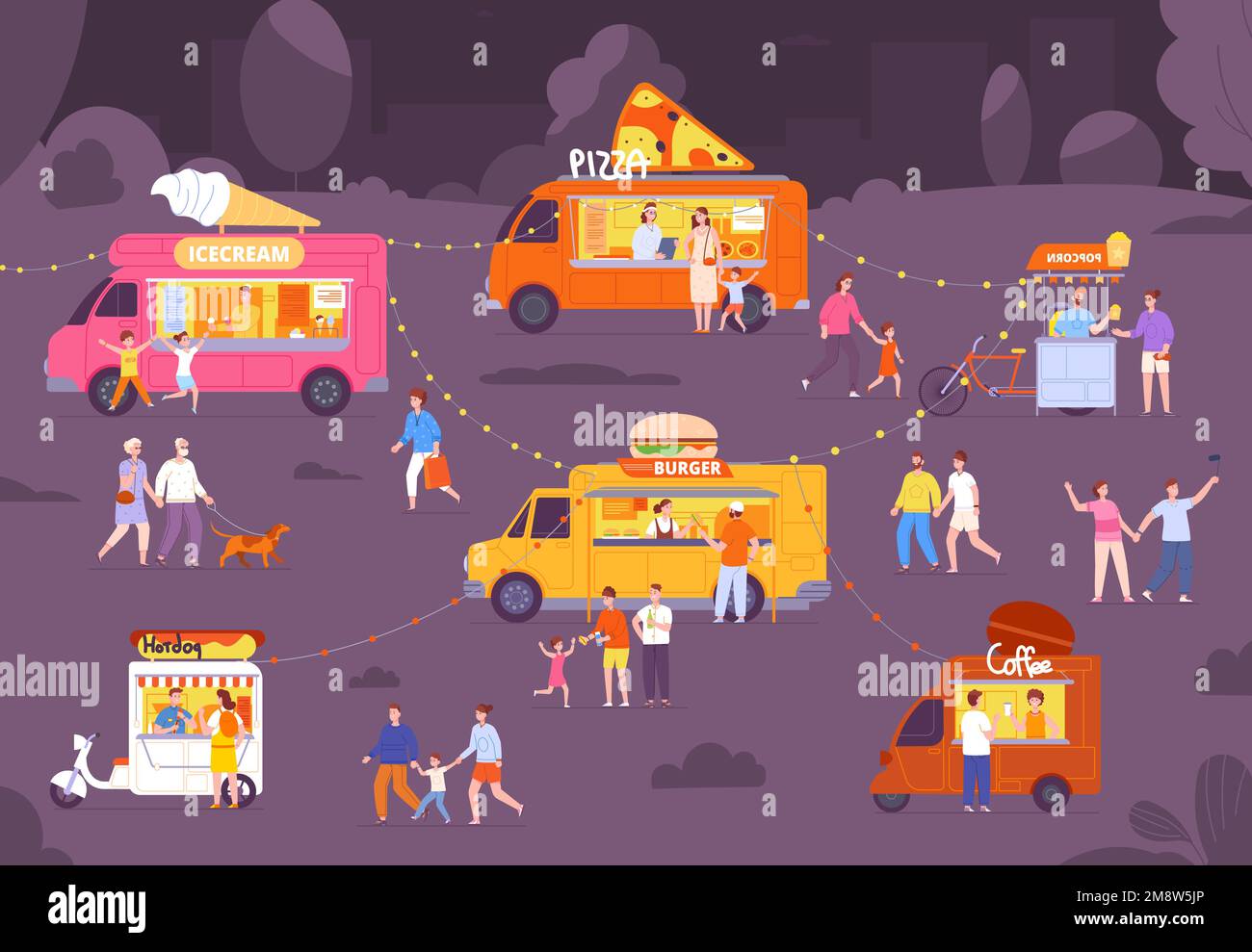 Night street eating. People stall street food market, outdoor fair eat ...