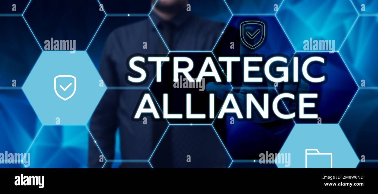 Sign displaying Strategic Alliance. Business overview a bond between ...