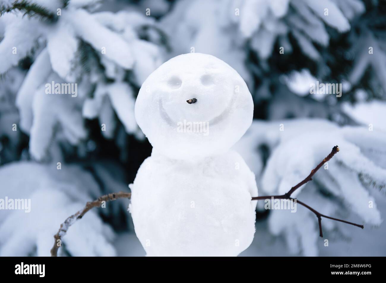 Smiling snowman. Makingsnowman in the forest from the first snow. Snowy ...