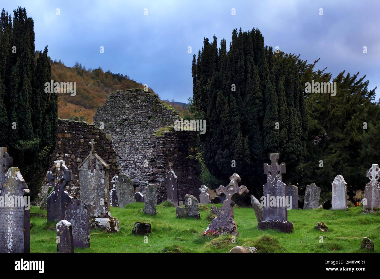 Medieval cemetery of the Glendalough monastery in the Wicklow mountains ...