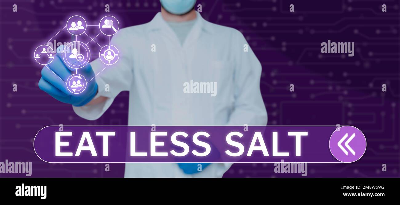Text sign showing Eat Less Salt. Conceptual photo reducing the sodium ...